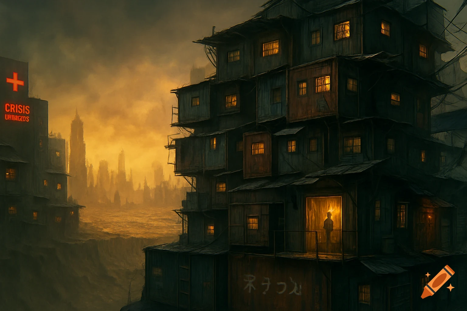 A person stands on a balcony of a stacked container slum overlooking a ...