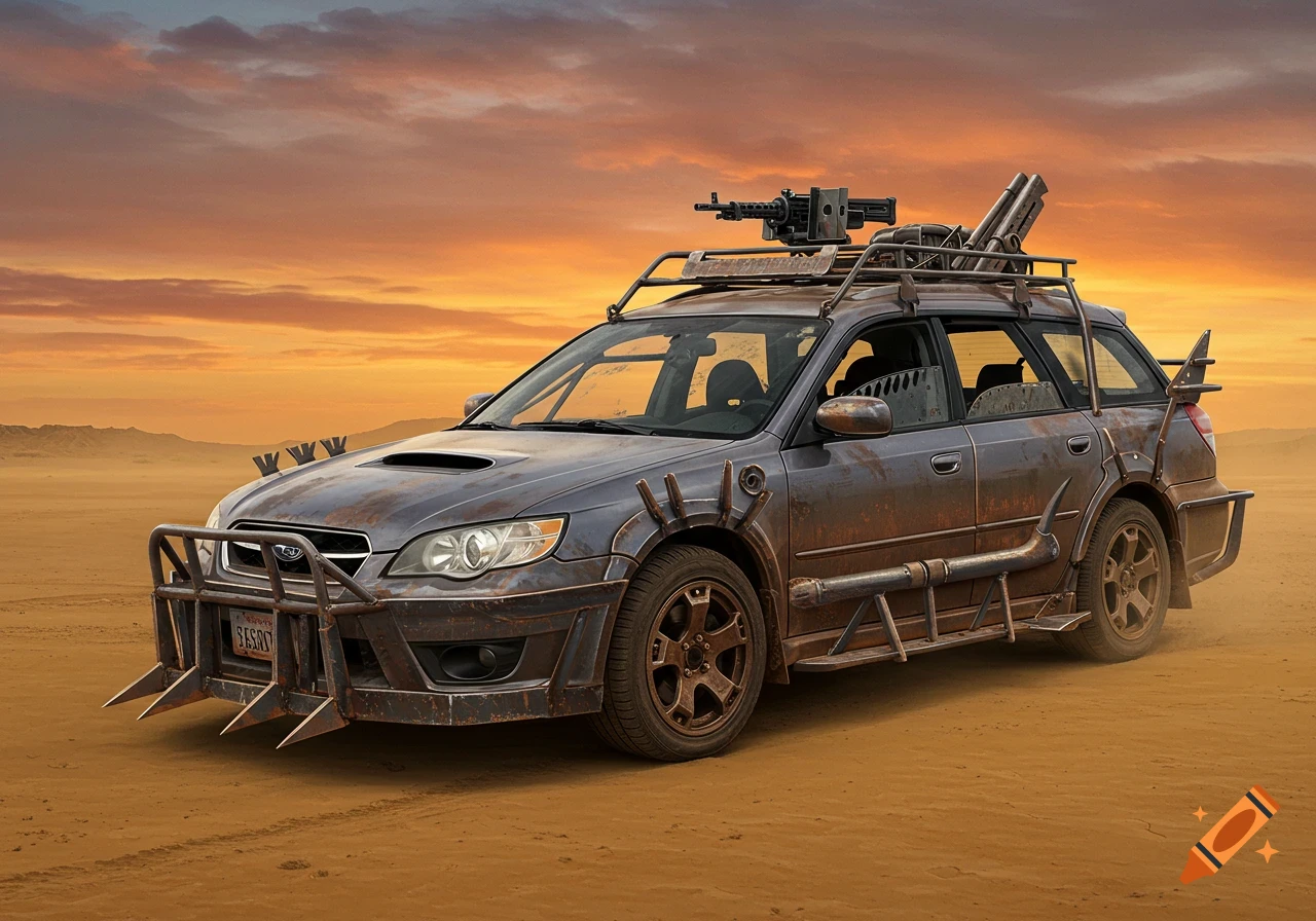 A heavily armored and weaponized Subaru Legacy station wagon, modified ...