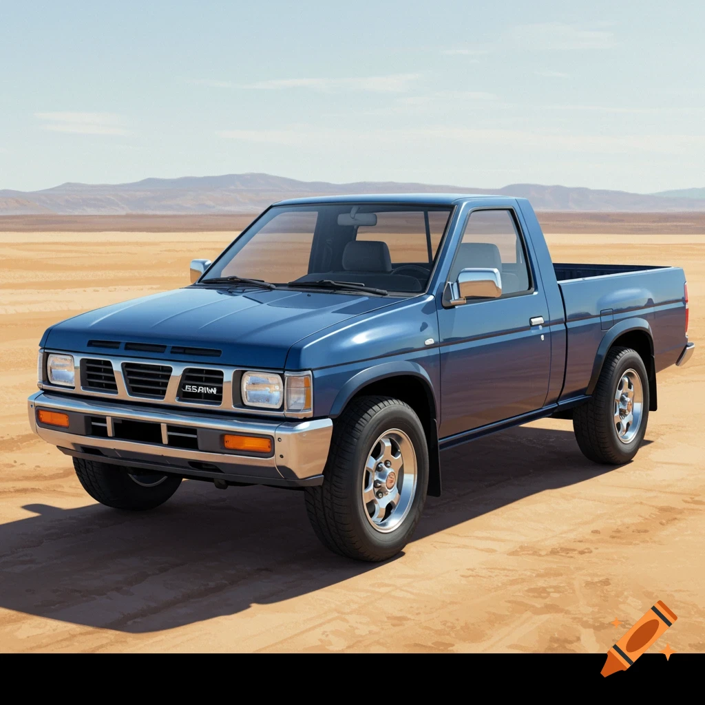 A blue Nissan Hardbody pickup truck parked in a vast, sandy desert ...