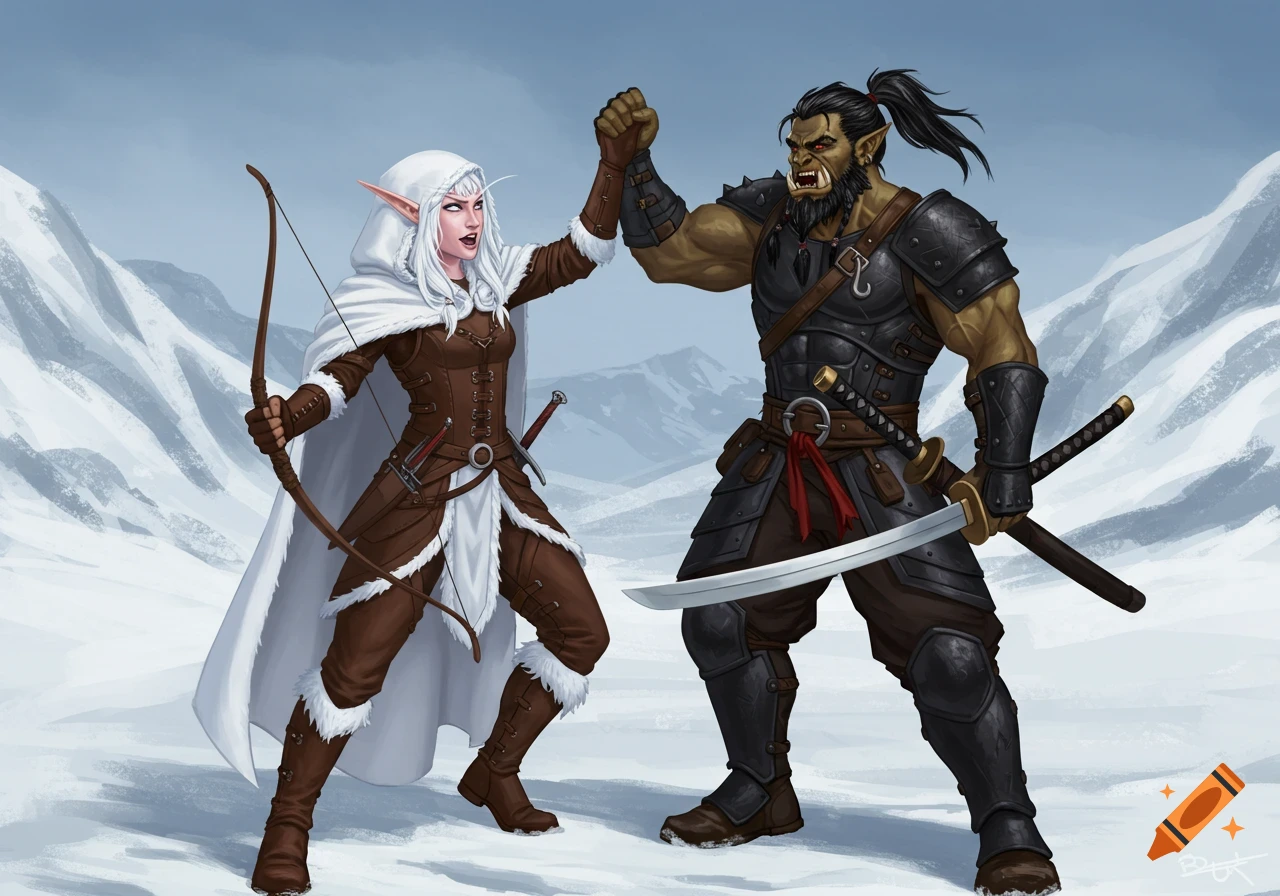A female snow elf ranger and a male half-orc fighter high-fiving in a ...