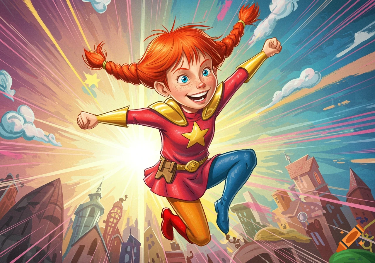 A vibrant cartoon illustration of Pippi Longstocking as a superhero ...