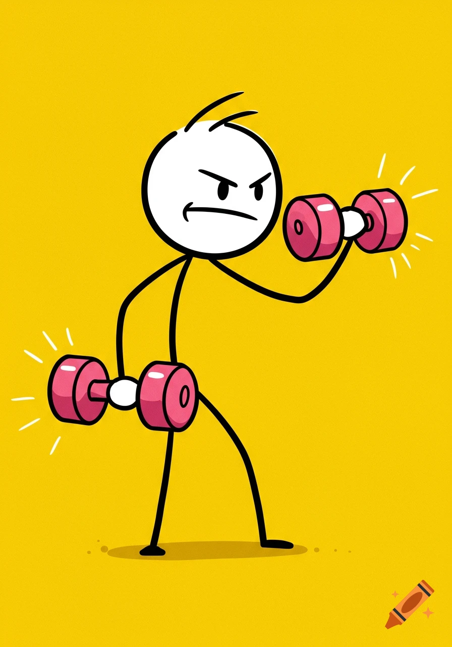 A cartoon stick figure with an angry expression lifts pink dumbbells on ...