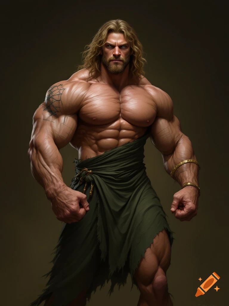 Photorealistic portrait of a heavily muscled man with long blonde hair ...