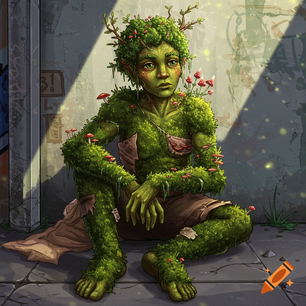 A fantasy creature, a moss-covered human-like figure with branches and ...