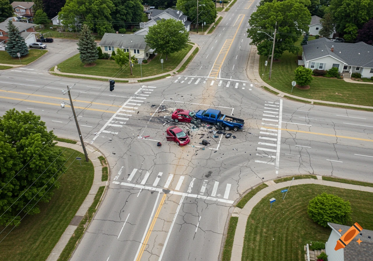 Aerial view of a photorealistic two-vehicle car accident at a deserted ...