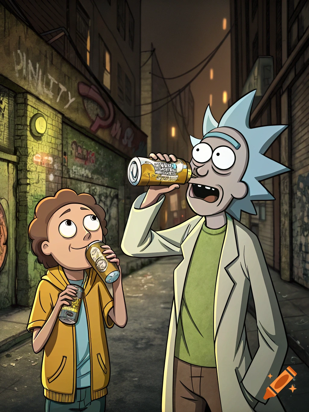 Rick and Morty drink from large cans in a dark, graffiti-covered ...