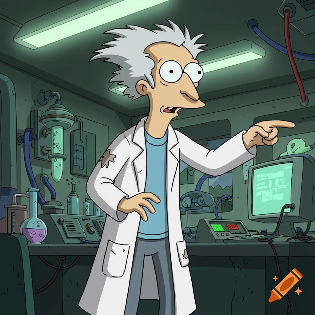 Cartoon of Professor Farnsworth in a lab, pointing at a computer screen ...
