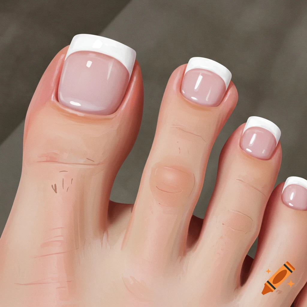 Close-up of a foot with five toes showing a French pedicure with pink ...