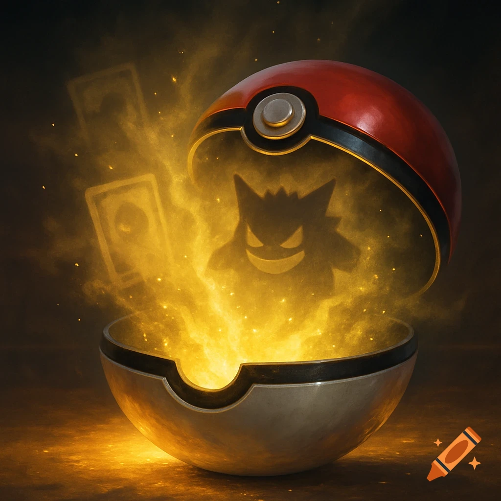 An open red and white Pokéball emits golden light, revealing a ghostly ...