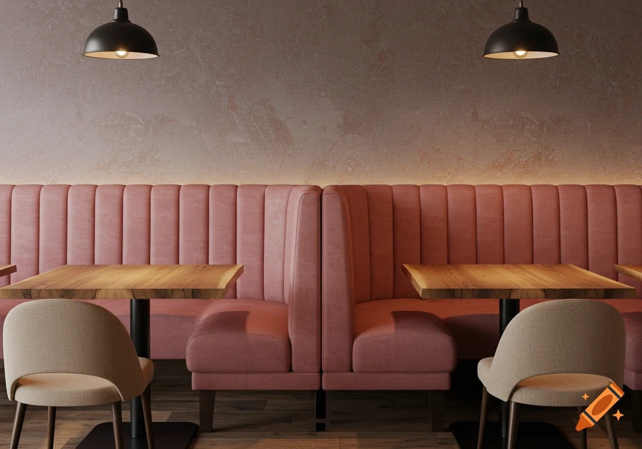 Photorealistic image of pink channel-tufted restaurant booths with ...