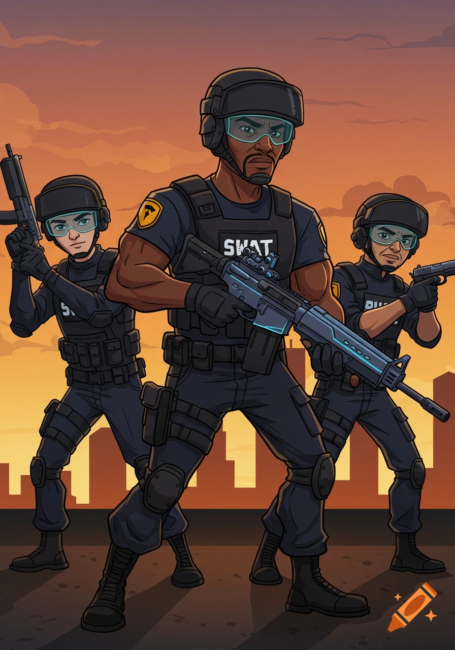 Three cartoon SWAT officers in tactical gear stand with weapons against ...
