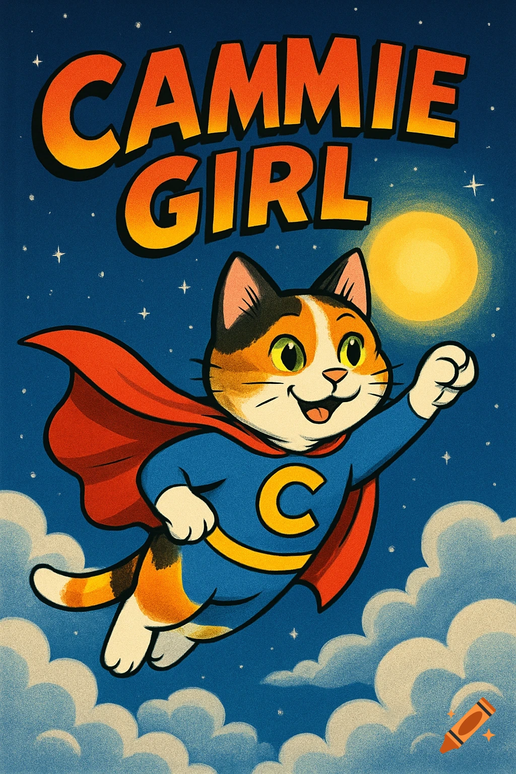 A smiling calico superhero cat in a blue suit and red cape flies ...