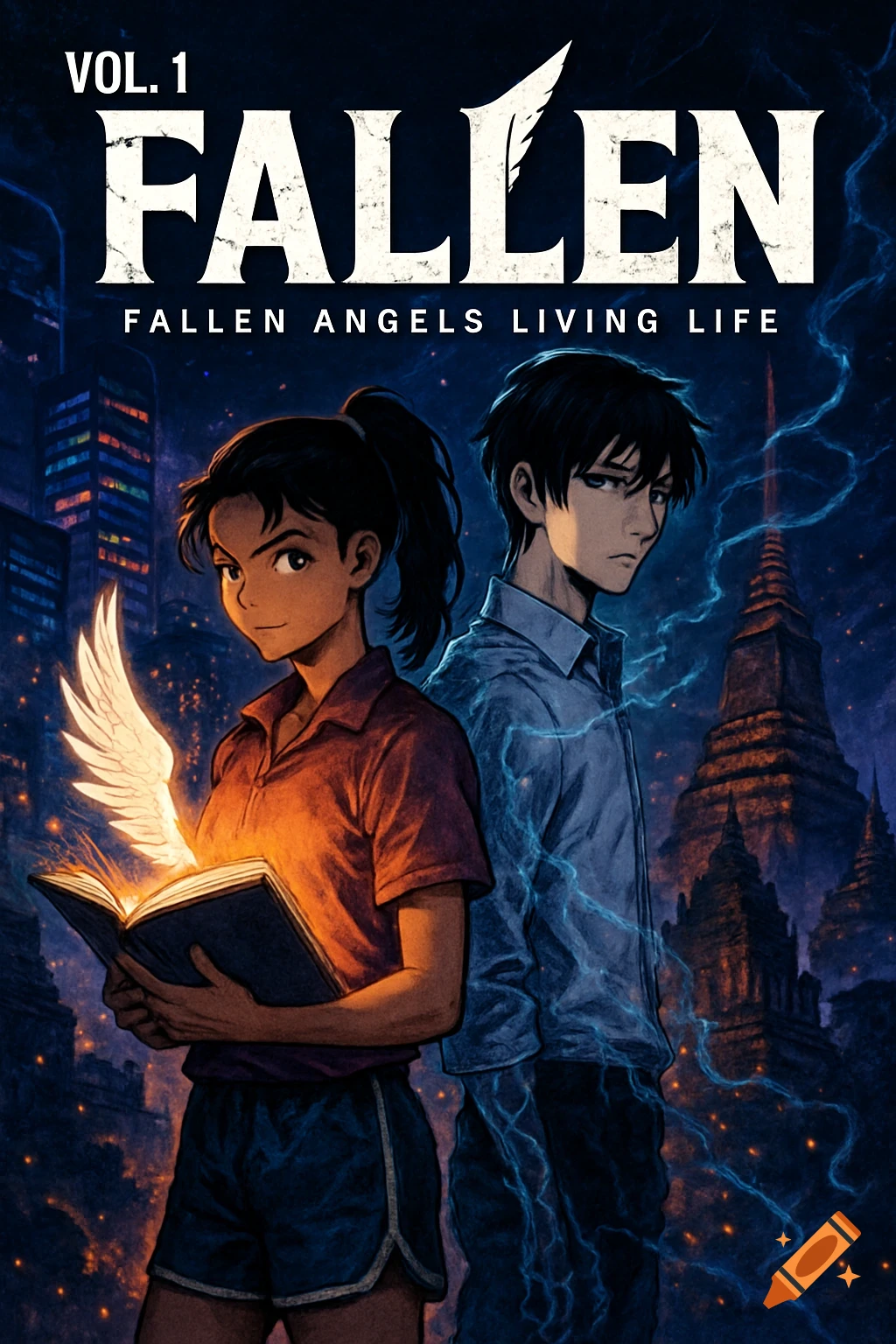 Manga-style comic book cover with two young protagonists, a girl ...