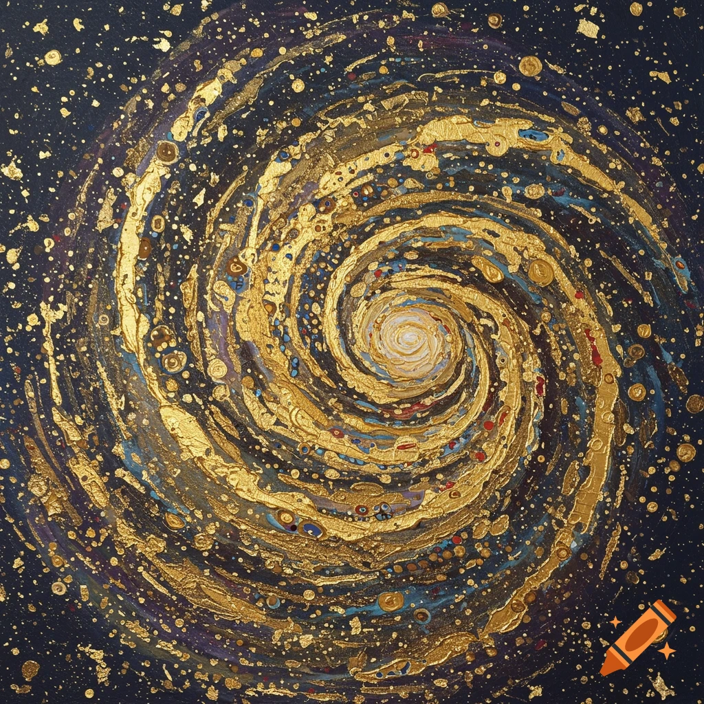 A vibrant abstract painting of a golden spiral galaxy with intricate textures and colorful ...