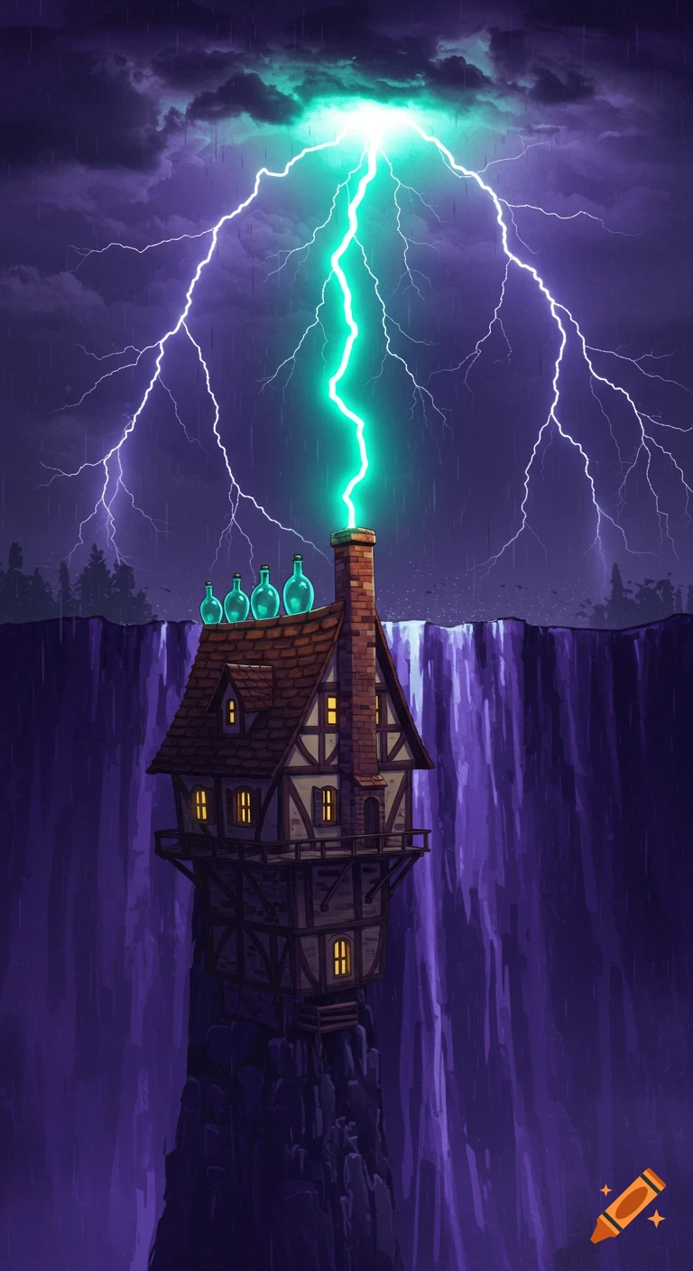 A fantasy mansion built into a purple chasm with a waterfall, struck by ...