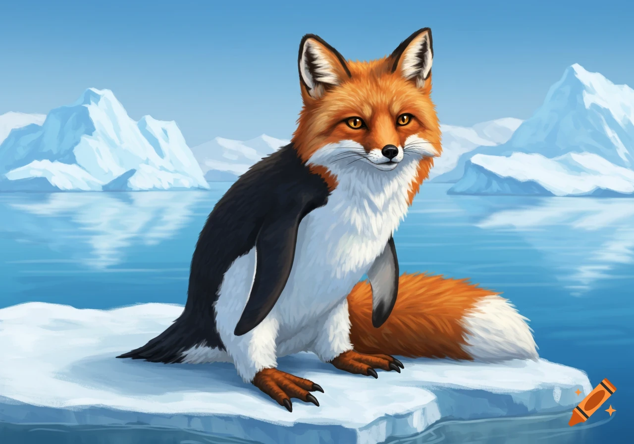 A cute fox-penguin hybrid animal sitting on an iceberg in a blue arctic ...