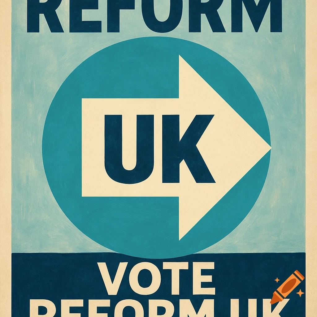 A vintage-style political poster in teal and cream for 'Reform UK ...
