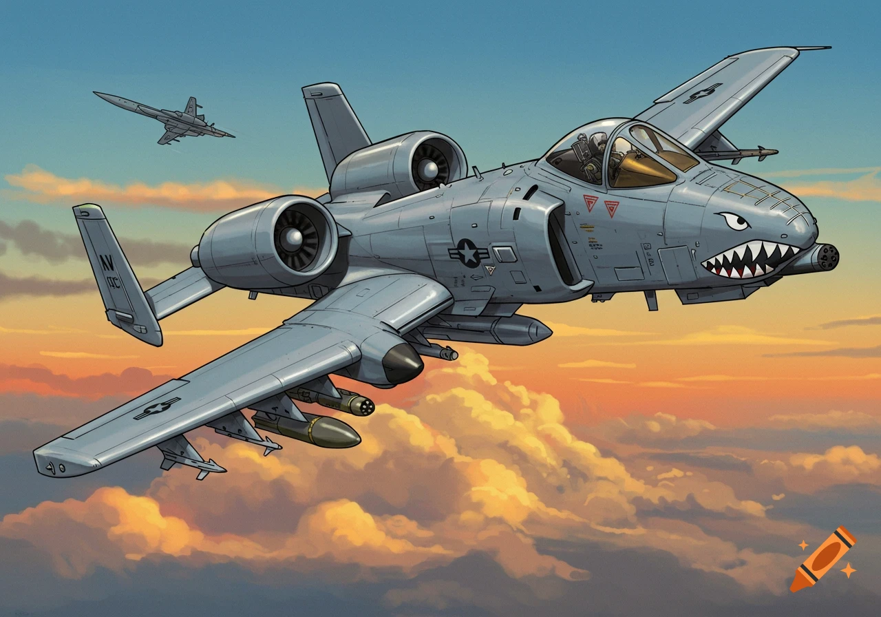 A cartoon A-10 Thunderbolt II/AV-8B Harrier hybrid jet with shark mouth ...