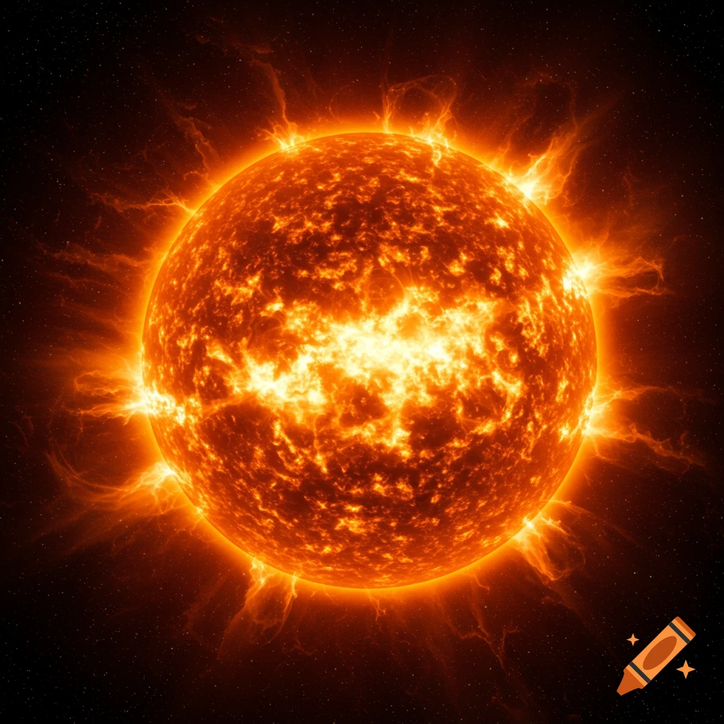 A photorealistic depiction of the sun, radiating intense heat and light ...