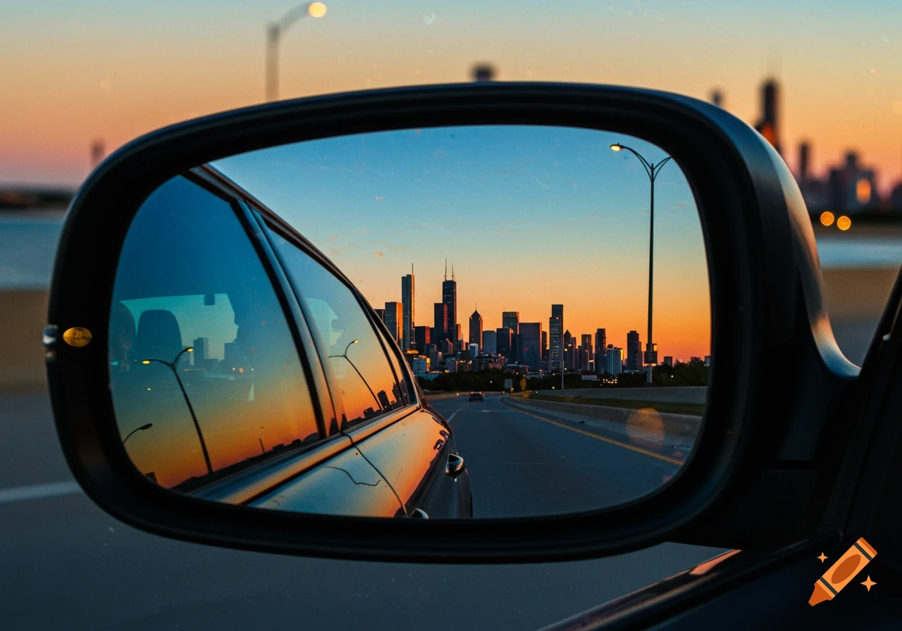Photorealistic image of the Chicago skyline reflected in a car's ...