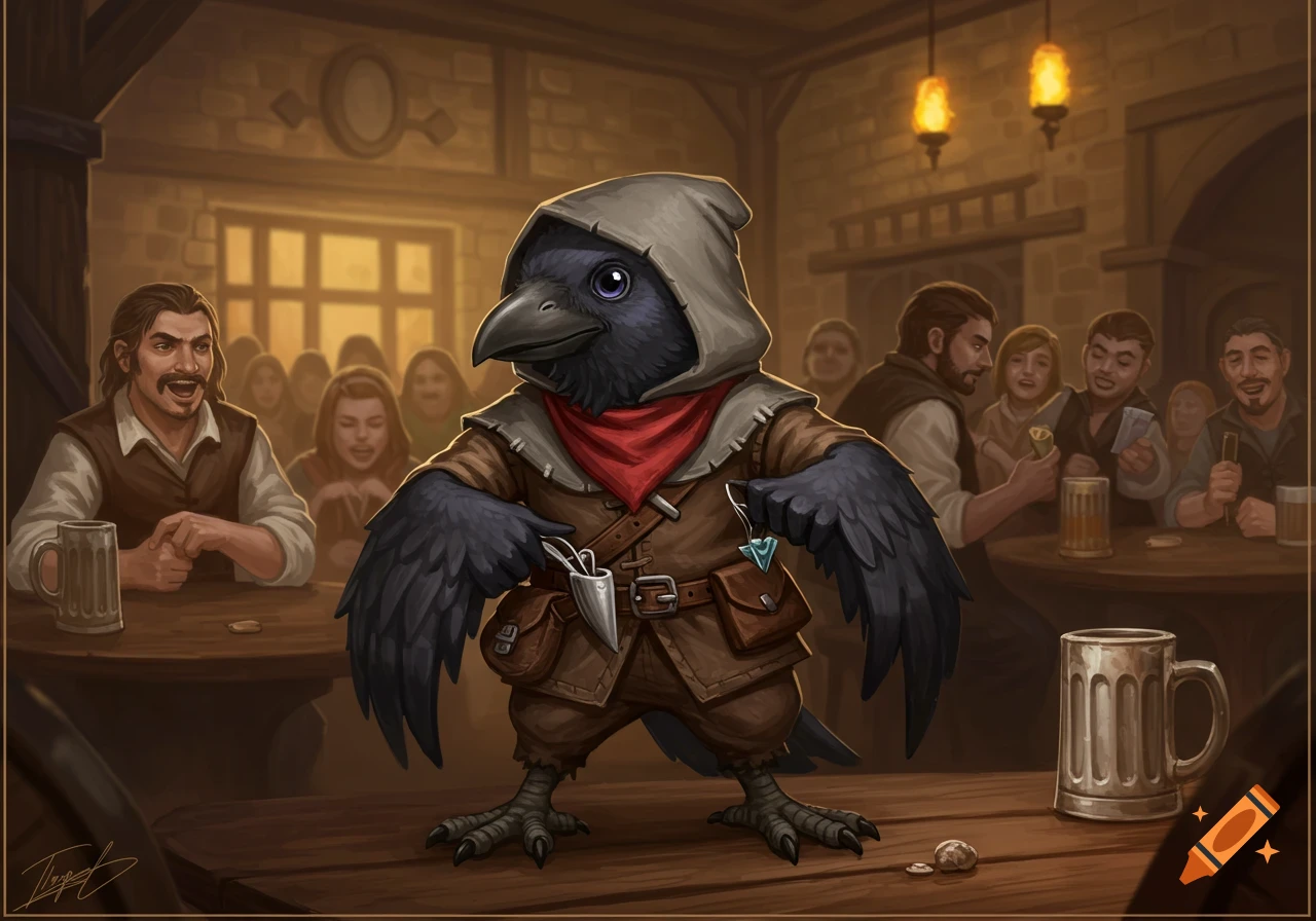 A small raven kenku in a hooded cloak and red kerchief stands on a ...