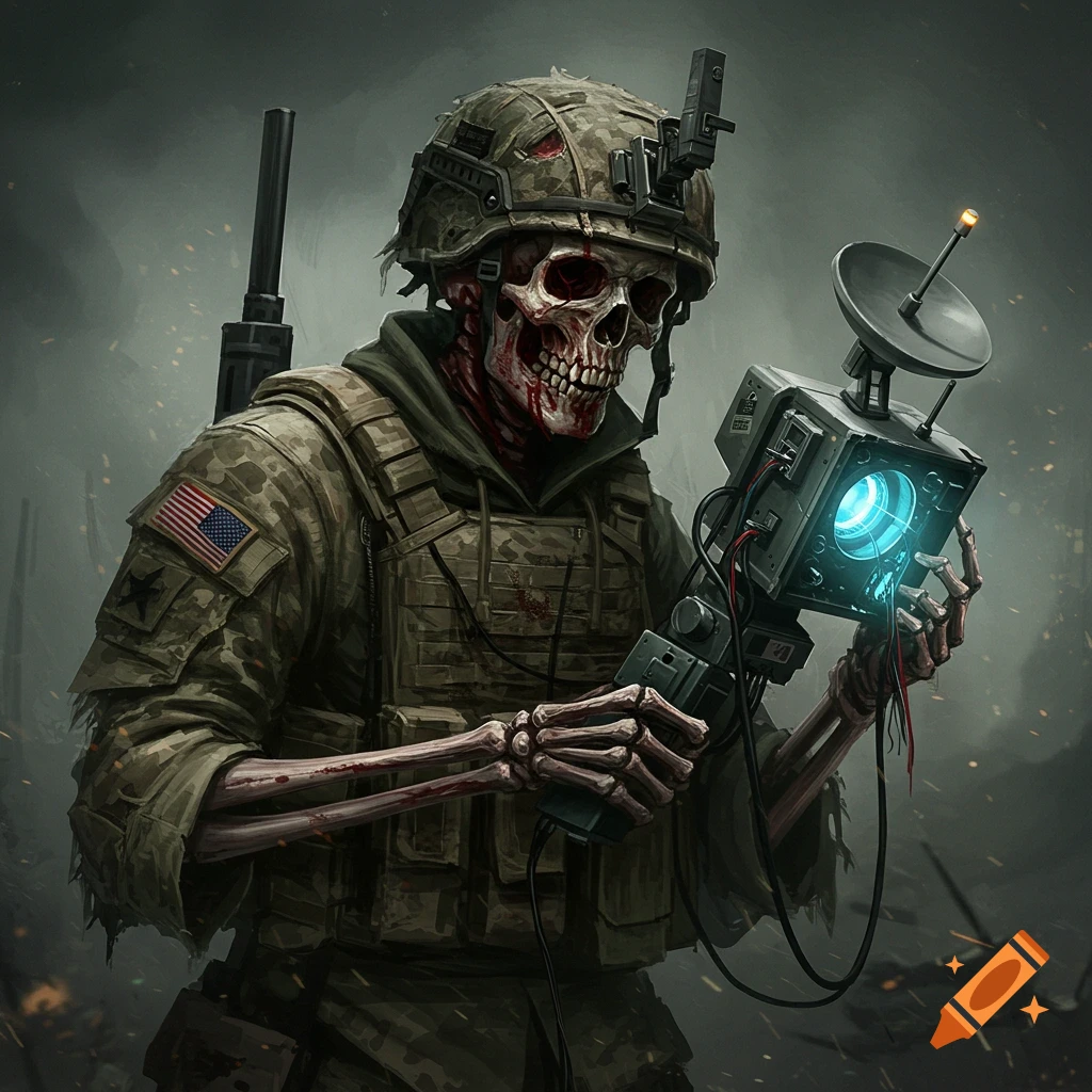 A skeletal soldier in camouflage fatigues and helmet, holding a glowing sci-fi device with a ...