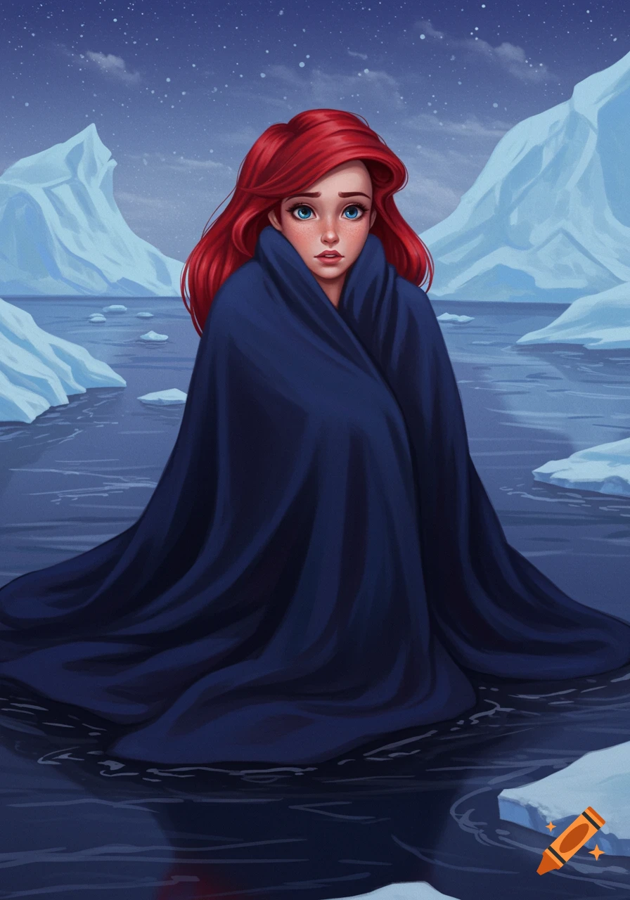 A red-haired character, resembling Ariel, wrapped in a blue blanket ...