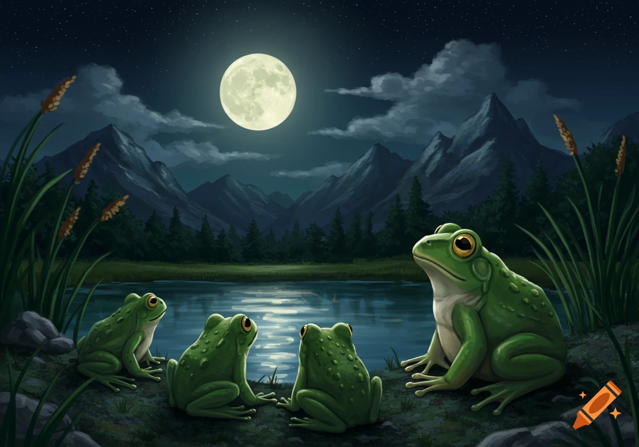 Four green frogs sit by a pond at night, looking at a bright full moon ...