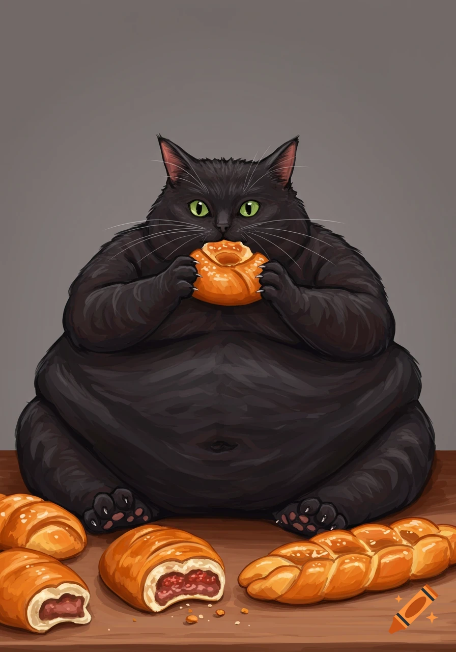 A very fat black cat sits on a table, holding and eating a golden-brown ...