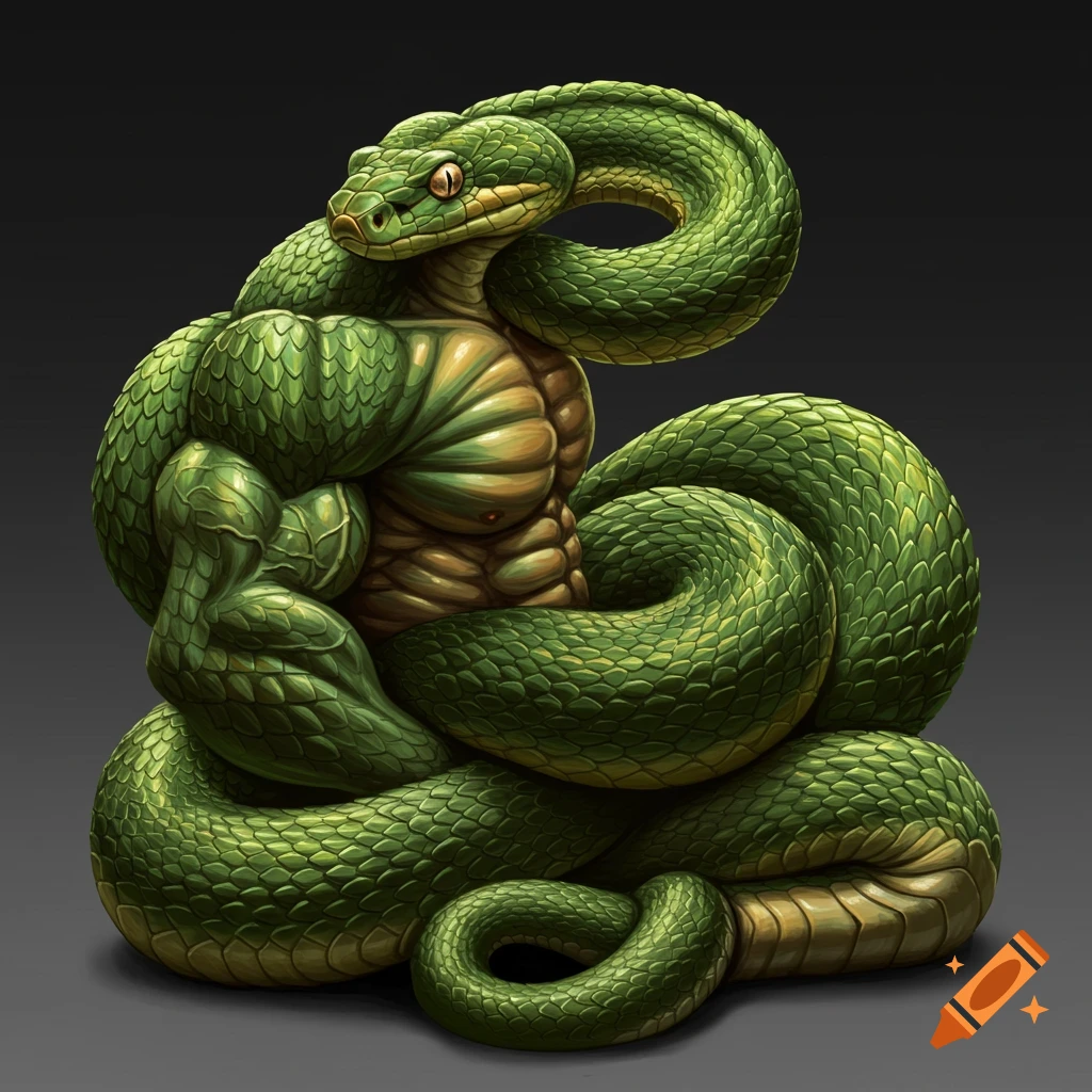 A large green snake with a muscular, humanoid torso and arms coiled on ...