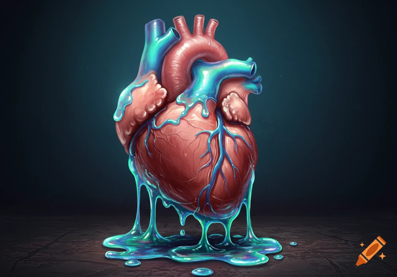 A stylized anatomical human heart with teal and blue goo dripping from ...