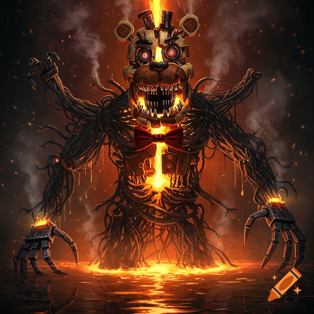 A terrifying molten animatronic monster with glowing red eyes, sharp ...