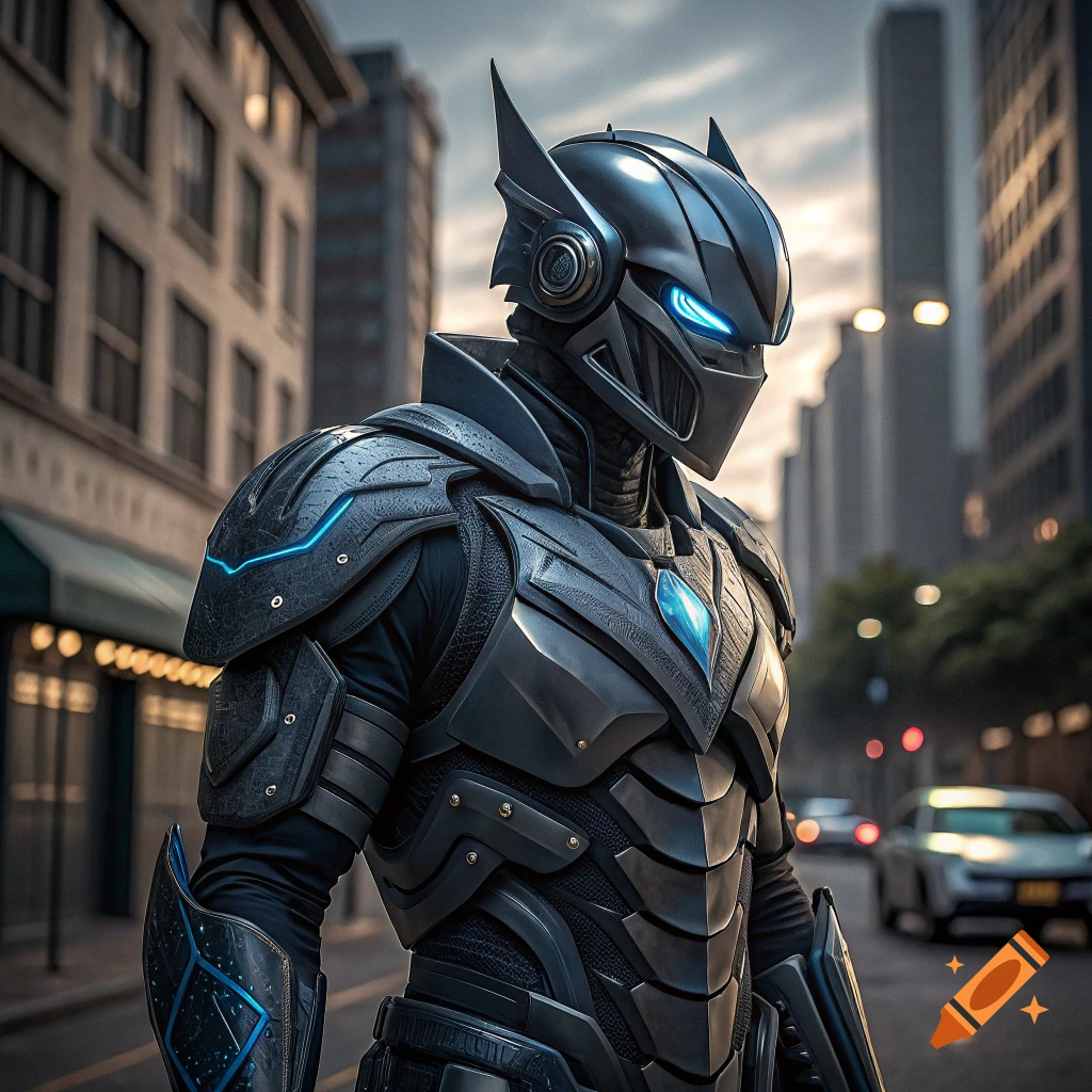 Photorealistic image of a futuristic superhero in black and silver ...