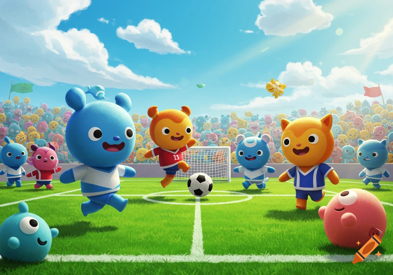 Cute cartoon characters playing soccer on a green field in a stadium ...