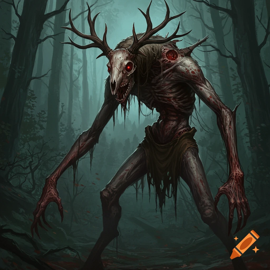 An emaciated, skeletal wendigo monster with a deer skull head, antlers ...