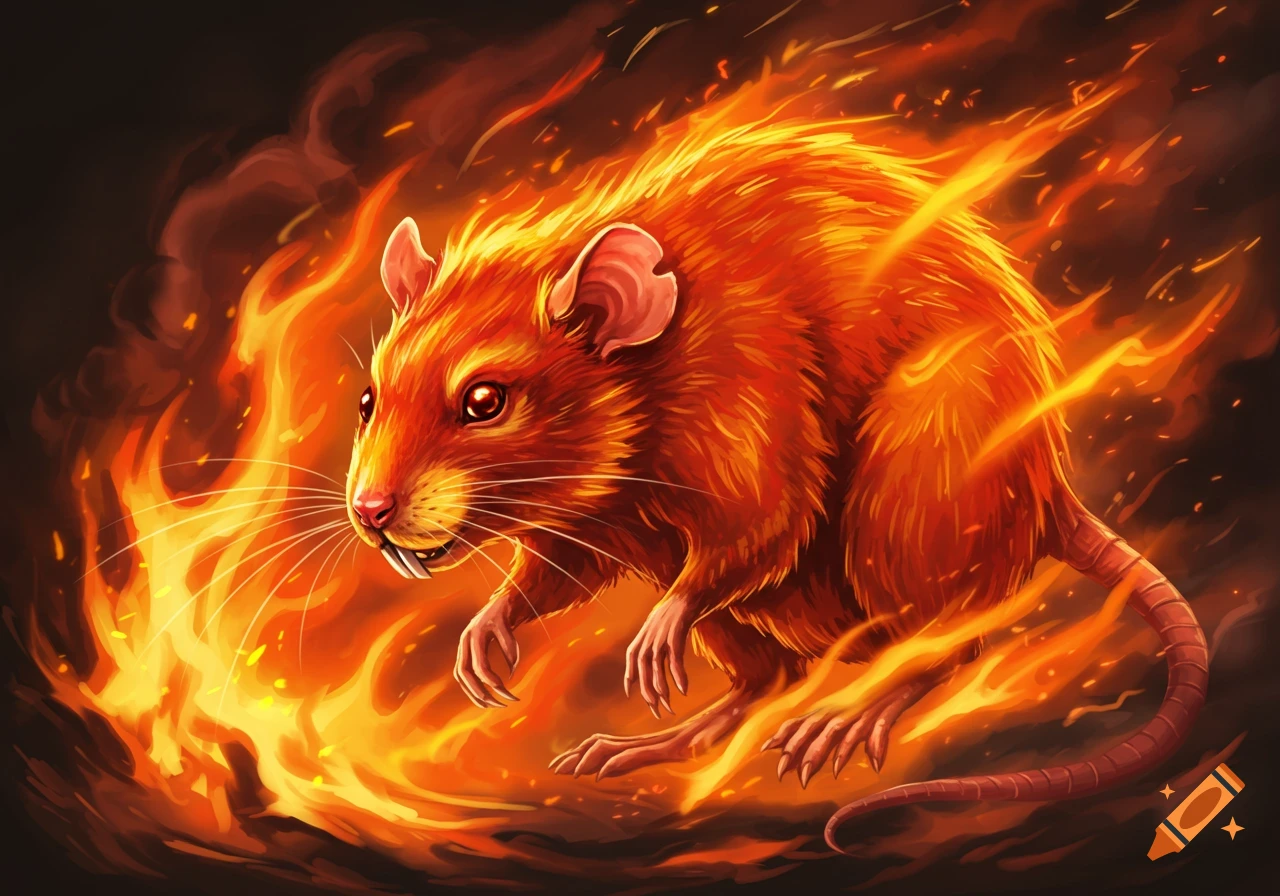 A stylized orange and red rat covered in flames on a dark background ...