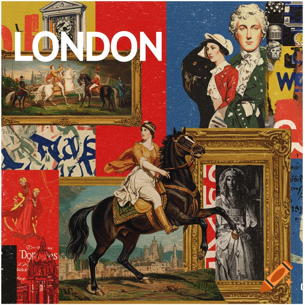 A vintage collage titled LONDON, featuring classical paintings ...