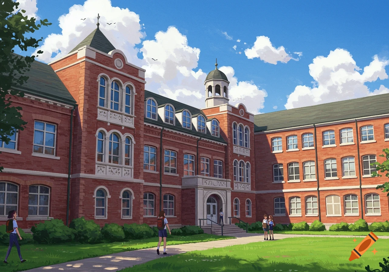 An illustrative view of a red brick school building with students on a ...