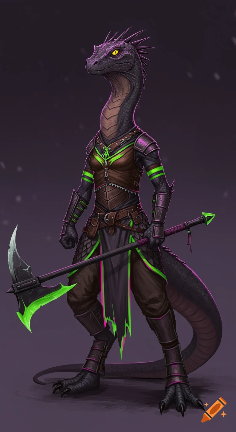 A tall black lizardfolk barbarian with yellow eyes, wearing brown armor ...