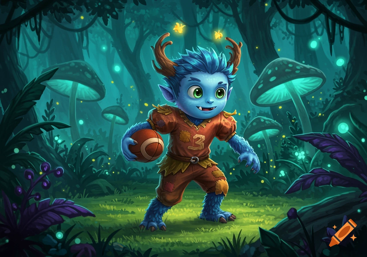 A blue cartoon monster with horns and fur holding a football in a dark ...