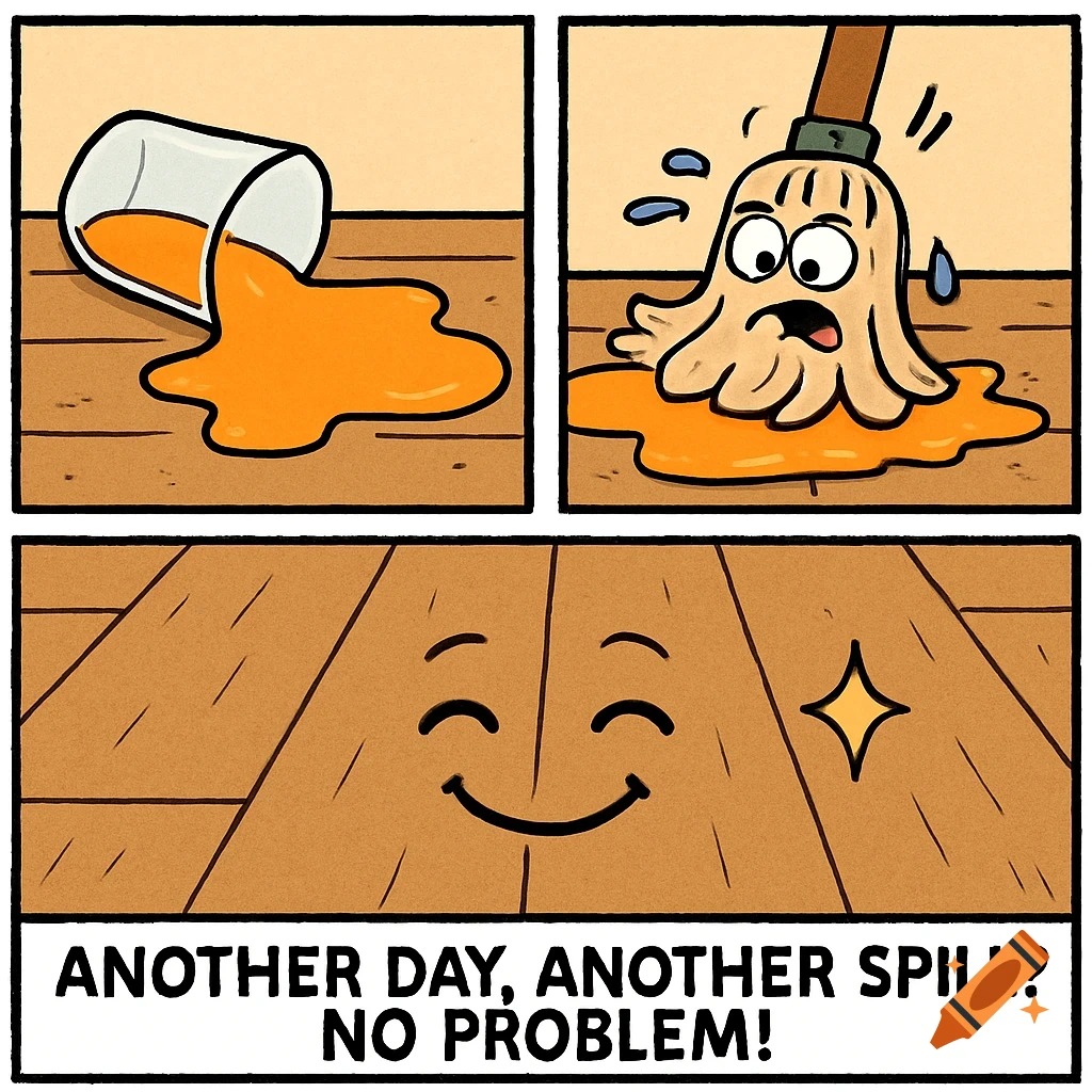 Cartoon comic: spilled juice, frantic mop, then a sparkling clean ...