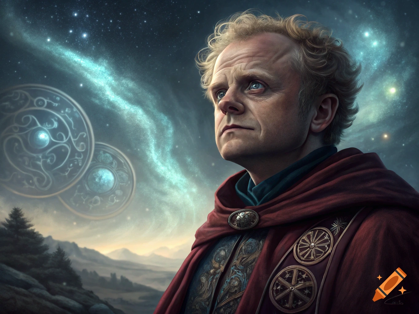 A man with curly blonde hair and a red cloak looks up at a starry sky ...