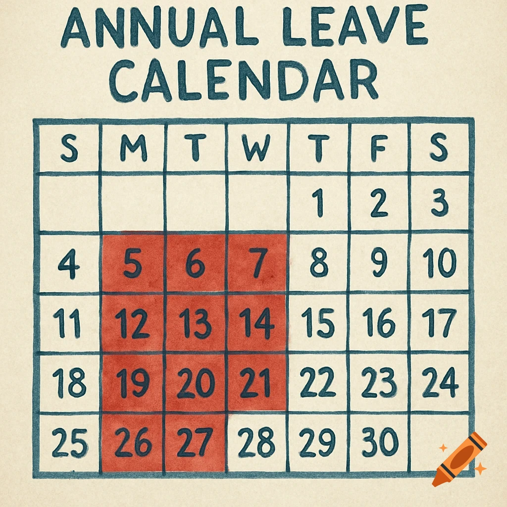 A hand-drawn annual leave calendar showing days marked in red for leave ...