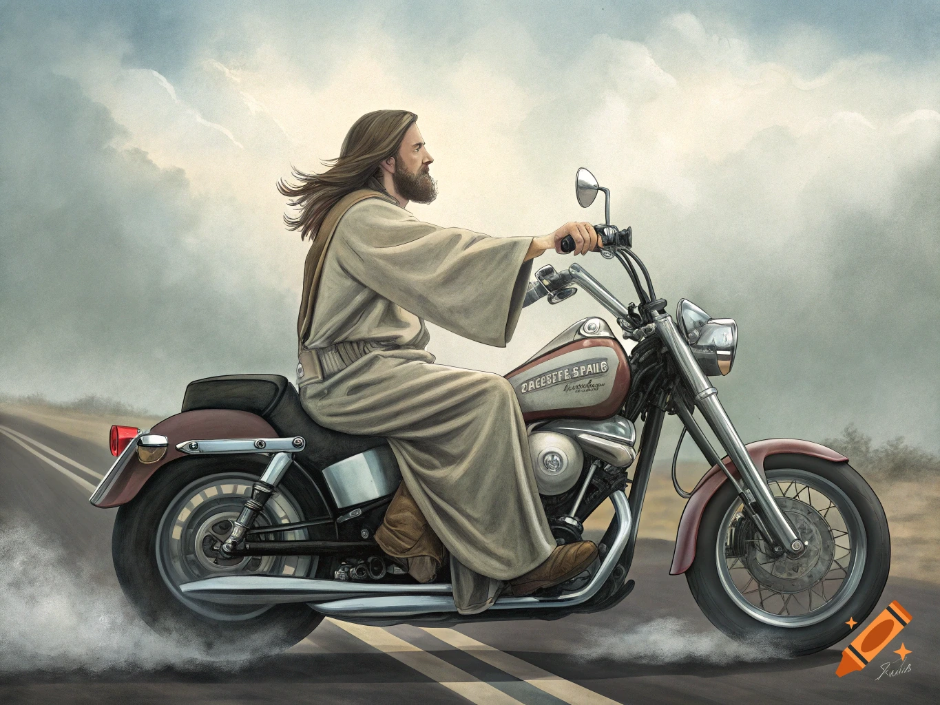 Jesus with long hair and beard riding a Harley Davidson motorcycle on a ...