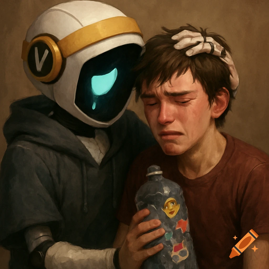 A robot with a 'V' on its head comforts a crying human boy who is ...