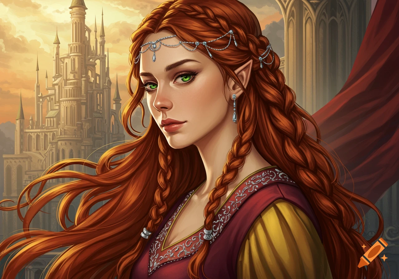 A beautiful red-haired elf-like woman with green eyes and a silver ...