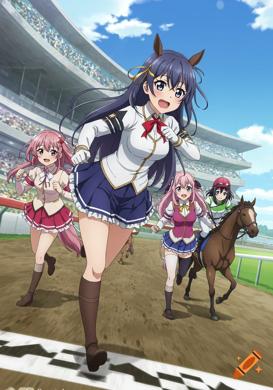 Anime illustration of three horse-girls and a jockey on a horse racing ...