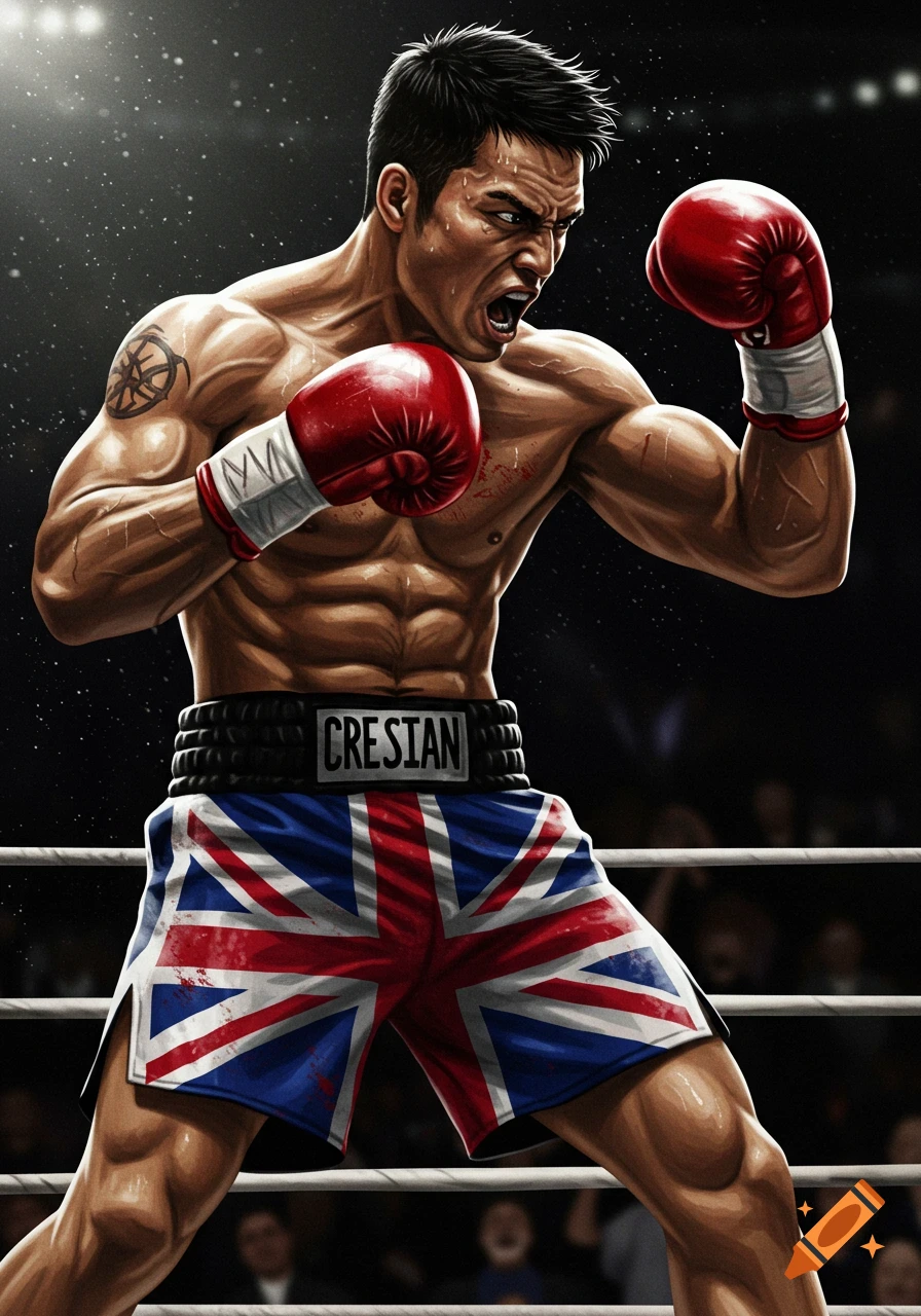 A stylized illustration of a black-haired boxer in red gloves and ...