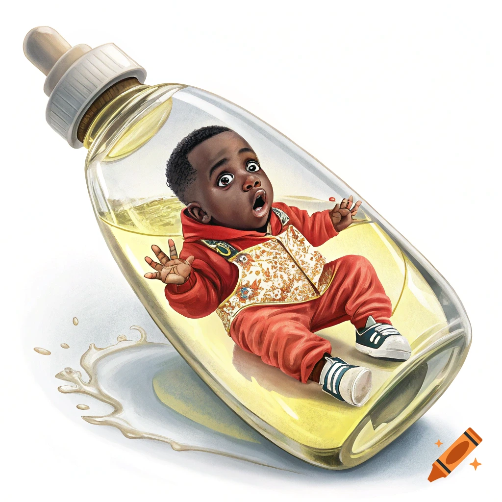 Cartoon baby in a red tracksuit inside a tilted baby oil bottle, with ...