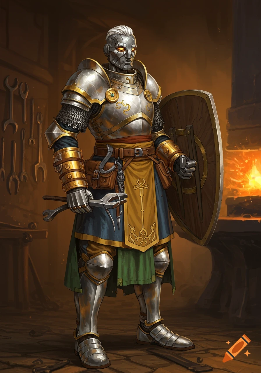 A warforged forge cleric in silver and gold armor holds a wrench and ...
